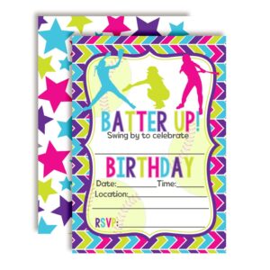 amanda creation batter up softball themed birthday party invitations, 20 5x7 fill-in cards with twenty white envelopes