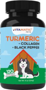 vitamatic turmeric for dogs anti inflammatory pain relief - 120 chewable tablets - hip & joint support anti inflammatory for dogs with curcumin, collagen & black pepper