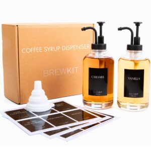 stainless steel coffee syrup dispenser for coffee bar, clear glass coffee syrup bottles - coffee syrup pump dispenser with 18 labels and pouring funnel - set of 2-16.9 oz 500ml - black