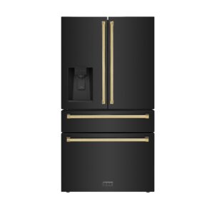 zline 36" autograph edition 21.6 cu. ft 4-door french door refrigerator with water and ice dispenser in fingerprint resistant black stainless steel with polished gold traditional handles