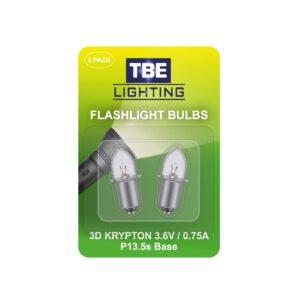 tbe lighting replacement 3 volt / 3d 3.6 volt, 0.75a bayonet base p13.5 krypton flashlight bulbs, pack of 2 energy efficient flashlight krypton bulbs to fit a standard 3d torches