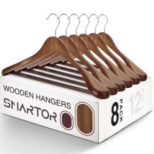 smartor suit hangers for men, 8 pack - wide shoulder wooden suit hangers with non slip pants holder, wide hangers for suit, coat, jacket, gown, heavy duty wood suit hanger - walnut