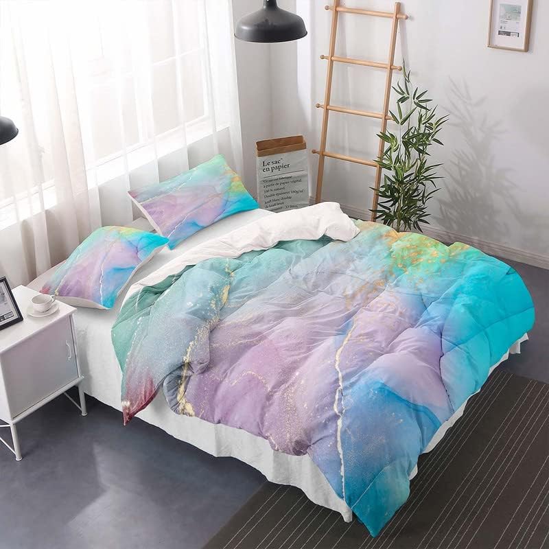 Jingzhang Marble Duvet Cover Sets 2Pcs，Elegant Blue Pink Marble Bedding Sets with Zipper Fresh Art Blue Pink Marble Microfiber Duvet Sets with 1 Pillow Sham,Twin Size