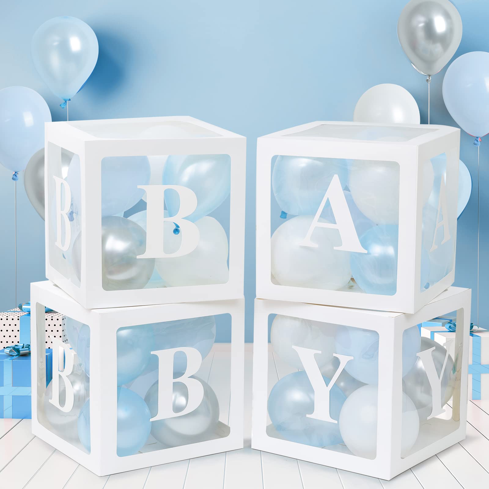 RUBFAC Baby Boxes with 8 Letters and 36 Balloons, 4pcs Clear Balloon Boxes for Baby Shower Décor BABY Blocks Design for Boys Birthday Party Decorations