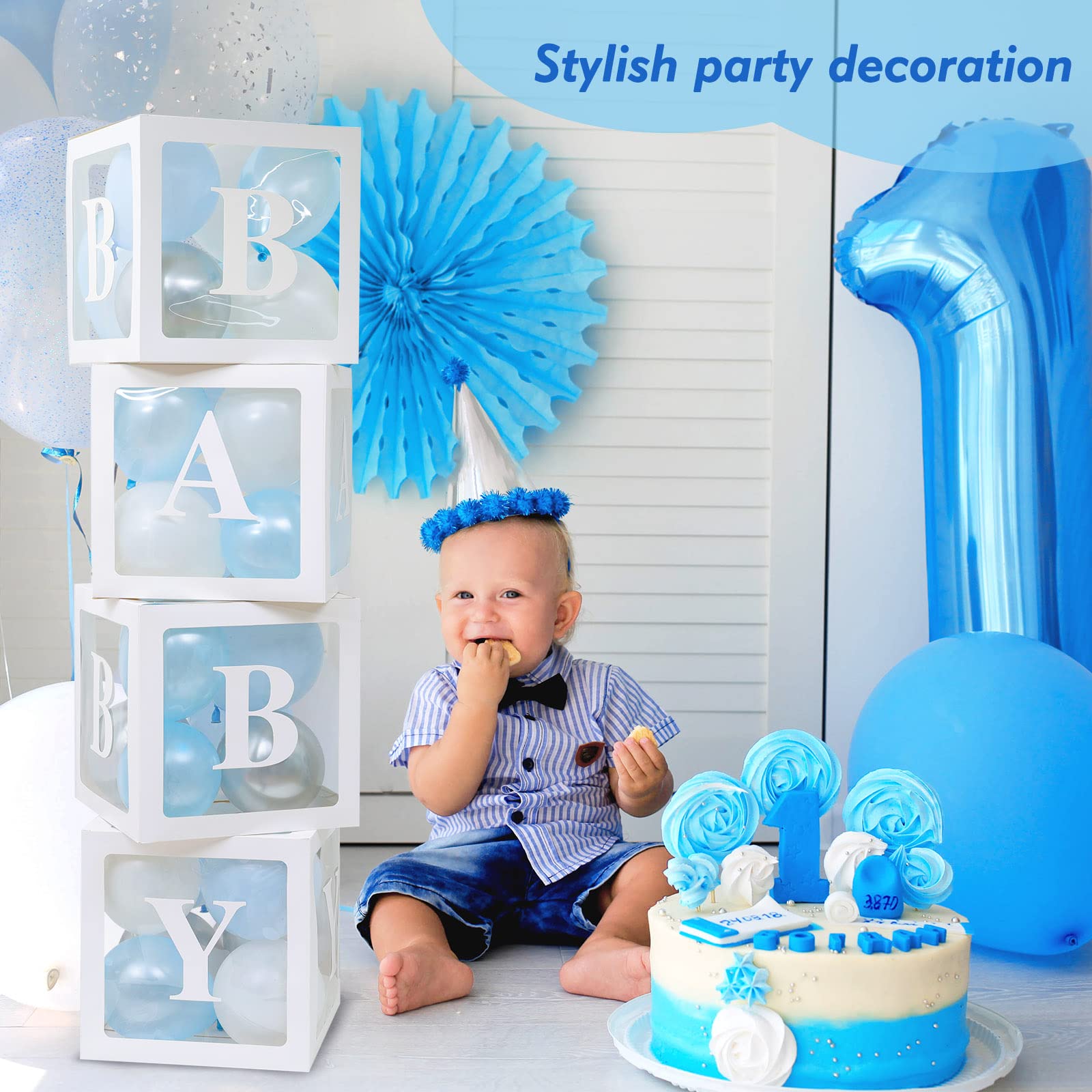 RUBFAC Baby Boxes with 8 Letters and 36 Balloons, 4pcs Clear Balloon Boxes for Baby Shower Décor BABY Blocks Design for Boys Birthday Party Decorations