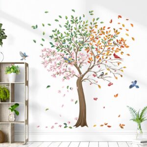 wondever colorful large tree wall stickers tree with flower birds peel and stick wall art decals for living room bedroom tv wall (h: 63inch)