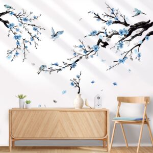 wondever watercolor flower tree branch wall stickers blossom blue floral birds peel and stick wall art decals for living room bedroom