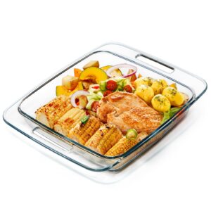 10in x 10in (3l-102 oz) square glass baking dish for oven, easy grab glass baking pan oven safe, clear microwave oven safe glass casserole dish