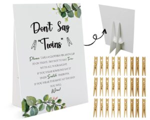 greenery don't say twins game （1 sign and 50 mini natural clothespins） don't say baby baby shower game, baby shower decorations, baby shower games gender neutral, green leaves baby shower (ds21)