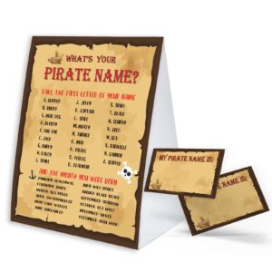 what's your pirate name game sign with name tag stickers for baby shower, baby shower decorations, birthday party game, baby shower games fun for adults & kids family class office activity ptwyn23