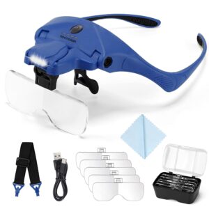 yoctosun magnifying glasses with light, hands free headband magnifier with 4 led lights and 5 detachable lenses 1x to 3.5x,rechargeable head magnifier glasses for crafts, hobby, close work