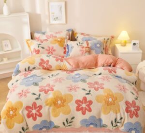 lmonmoo pink duvet cover twin, fluffy comforter cover set, kawaii bedding sets for girl ultra soft cute floral bed set for kids (flower, twin)