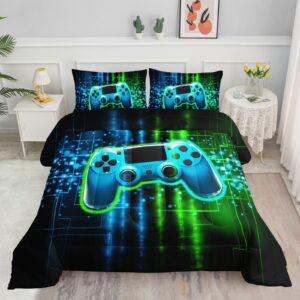 datura home video gamer comforter set for kids teens adults,green black gamepad modern gamer gaming printed bedding set with 1 comforter and 2 pillowcases(gamepad green twin)