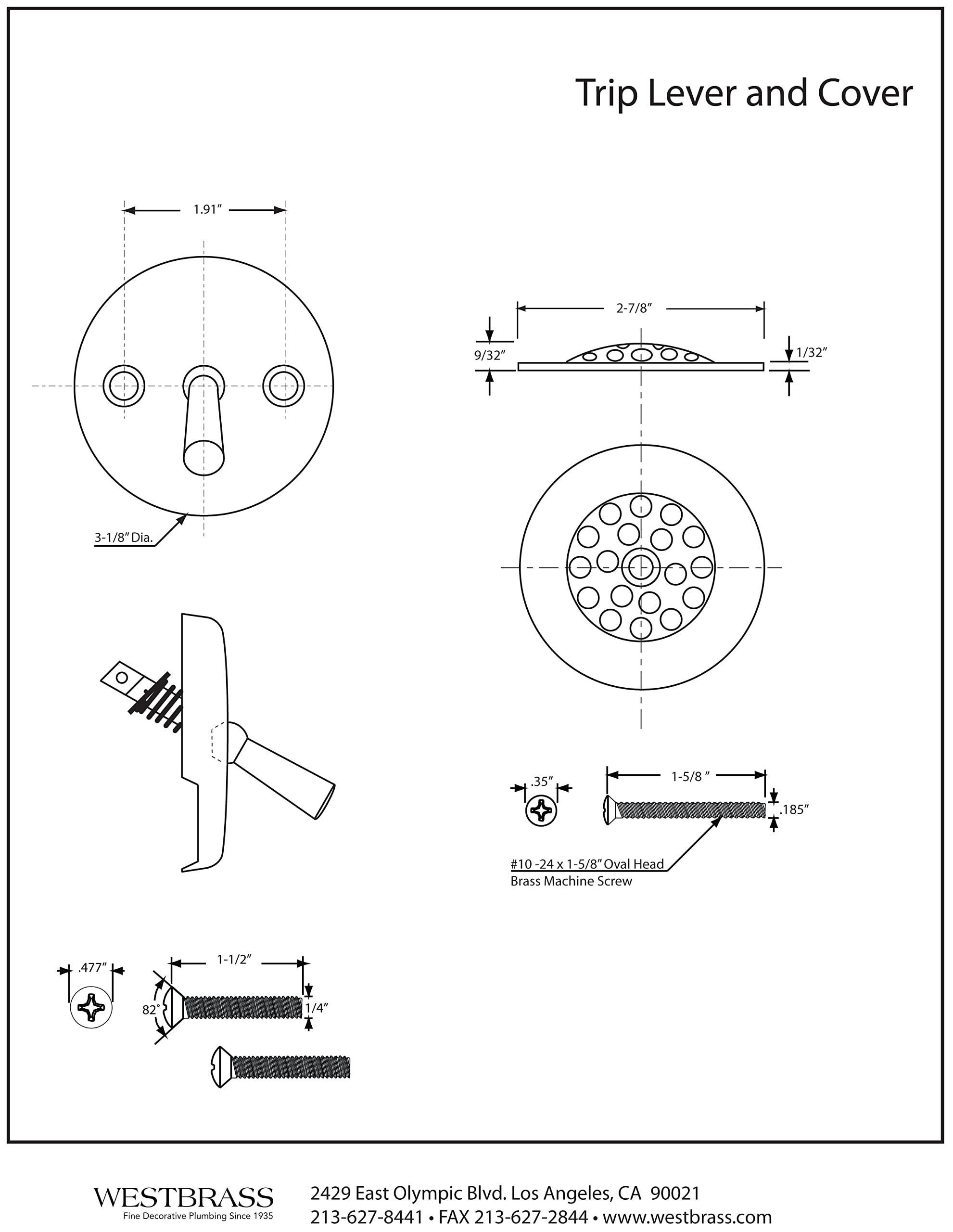 Westbrass A92-12 3-1/8" Trip Lever Bathtub and Shower Drain Kit with 2-Hole Overflow Faceplate, 1-Pack, Oil Rubbed Bronze