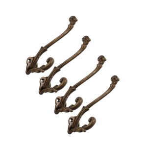 craftsman road vintage cast iron wall hooks (antique brass finish, set of 4) - rustic, farmhouse, french country coat hooks | great for coats, bags, towels, hats | french slender