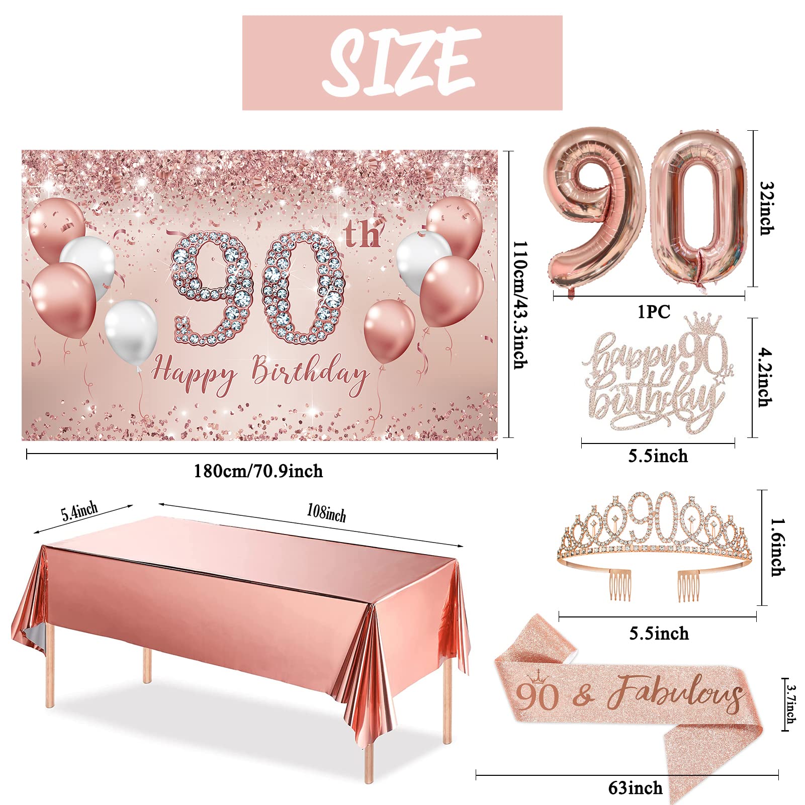 Trgowaul 90th Birthday Decorations Party Set for Women, Rose Gold 90 Birthday Banner and Tablecloth, 90 & Fabulous Sash and Tiara, 1PC Happy 90th Birthday Cake Topper, Pink Gold 90 Number Balloons