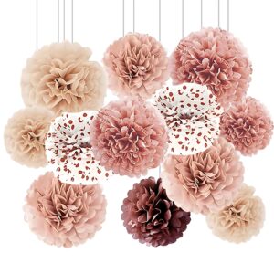 xiksxitn 12 pc rose gold gradient tissue paper pom poms-hanging gold dot white paper pom poms paper flowers ball for party decorative(8&10&12 inch)