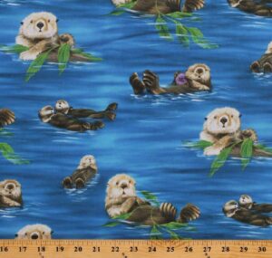 cotton sea otters playing cute animals ocean nature blue cotton fabric print by the yard (srkd-6745-268nature)