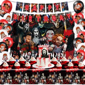 horror classic movie birthday supplies, horror themed character party decorations includes banners, cake toppers, balloons, cupcake toppers, backdrop, tablecloths, scream party gift for fans kids