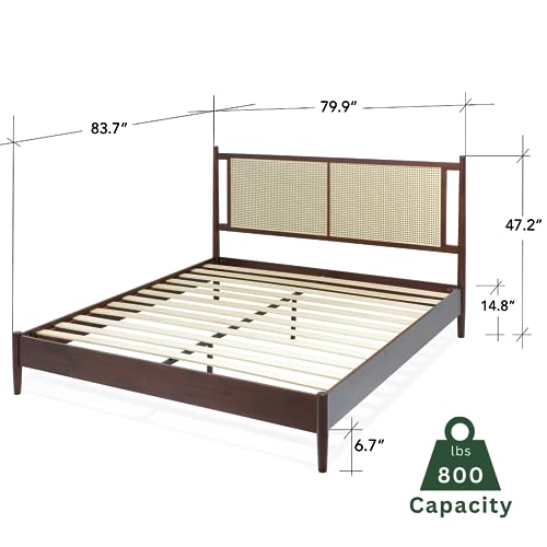 Bme Oliver King Bed Frame and Headboard - 15-Inch Signature Design with Rattan Headboard, Bohemian and Mid Century Style, 12-Slat Wood Support, No Box Spring Needed - Easy Assembly, Walnut