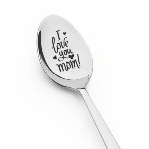 i love you mom spoon engraved stainless steel for mom mother coffee tea lover gift, best mom mother mommy gifts for birthday mothers day christmas presents