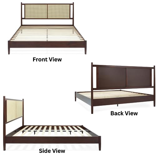 Bme Oliver King Bed Frame and Headboard - 15-Inch Signature Design with Rattan Headboard, Bohemian and Mid Century Style, 12-Slat Wood Support, No Box Spring Needed - Easy Assembly, Walnut