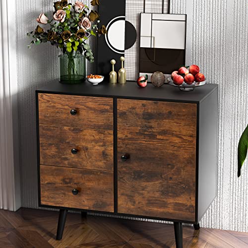 Tangkula Storage Cabinet with 3 Drawers and Door Cabinet, Industrial Wood Accent Cabinet with Adjustable Shelf, Retro Farmhouse Sideboard Buffet Cabinet for Kitchen Living Room (Industrial)