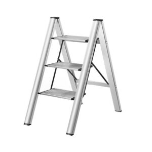 liyivnaa 3 step ladder folding step stool with anti-slip wide pedal 330lbs capacity lightweight portable aluminum silver stepladder household tool for home kitchen office