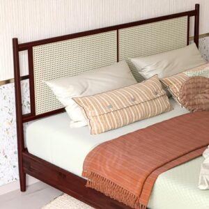 Bme Oliver King Bed Frame and Headboard - 15-Inch Signature Design with Rattan Headboard, Bohemian and Mid Century Style, 12-Slat Wood Support, No Box Spring Needed - Easy Assembly, Walnut