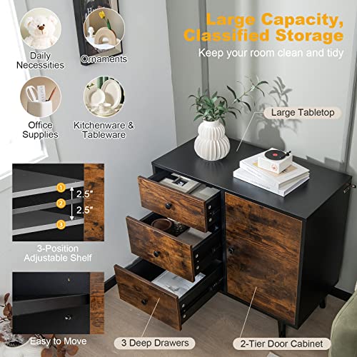 Tangkula Storage Cabinet with 3 Drawers and Door Cabinet, Industrial Wood Accent Cabinet with Adjustable Shelf, Retro Farmhouse Sideboard Buffet Cabinet for Kitchen Living Room (Industrial)