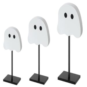 chitidr 3 pcs halloween standing table decor wood tiered tray table decorations ghost table centerpiece tall block sign set for halloween party home (white)