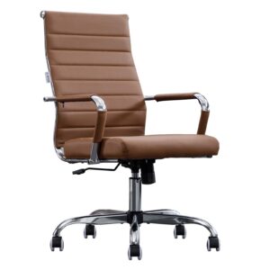 bowthy home office chair ribbed, modern leather conference room chairs, ergonomic office desk chair, high back executive computer chair, adjustable swivel chair with arms (brown)