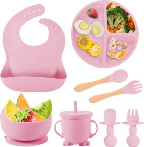 hoidokly baby feeding set, 8 pcs silicone baby led weaning supplies includes cup baby plate, bowl, adjustable bib, cup, spoon and fork,bpa free baby weaning utensils set for 6+ months-pink