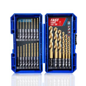 highfire 22 pieces hex shank drill bit set for impact driver, hss twist titanium drill bits for metal, hex drive quick change drill bits set