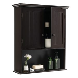 loko bathroom wall cabinet, double door medicine cabinet with open compartment & adjustable shelf, wall mounted storage cabinet for bathroom, living room or entryway (espresso)