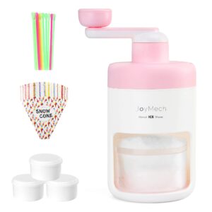 joymech manual shaved ice maker machine set with 10 cardboard cones, 10 slushy straws and 3 ice trays, instant ice shaver, snow cone machine, ideal for making snowcones and slushy (pink)