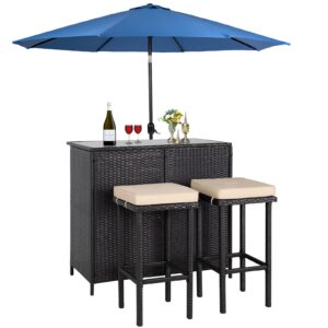 3-piece wicker outdoor furniture bar set, 2 stools and 1 glass top table, large-capacity storage space brown wicker patio bar table with 9ft blue round patio umbrella