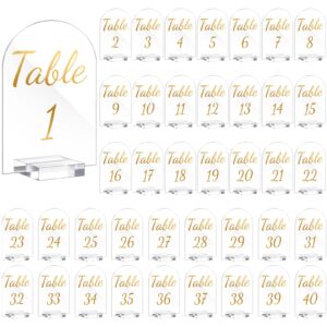 qunclay 40 pack 4 x 6 inch gold acrylic wedding table number 1-40 clear wedding table stand with numbers calligraphy table number holders table signs for wedding reception centerpieces decorations