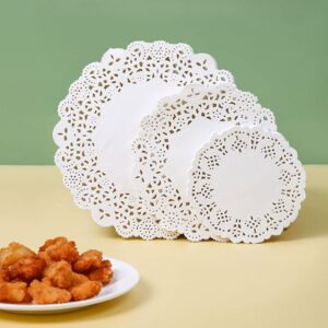 paper doilies assorted sizes - white round lace paper doilies for cakes, desserts, tableware food decoration, pack of 150(6, 8, and 10 inch)