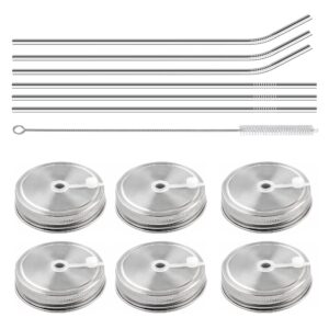 6pcs pack wide mouth mason jar lids with straw hole, including 6pcs straws and 1pcs cleaning brush, mason jar lids with straw hole, mason jar lids, stainless steel 304 mason jar straw lids