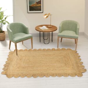 gruhum scalloped jute area rugs 3'x5' ft natural fibre handwoven boho reversible farmhouse soft braided rug indoor ecofriendly livingroom bedroom kitchen hallways enterways rectangular rug