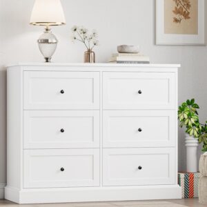 fotosok white dresser, 6 drawer dresser white, modern double chest with deep drawers, wide storage organizer cabinet for living room home