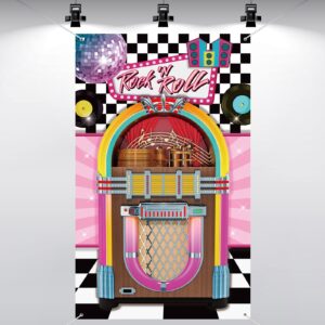 nuenen 50's sock hop party decorations banner jukebox party decor backdrop cloth juke box cutout rock 'n roll door cover for 1950's theme birthday party supplies, 71 x 35.4