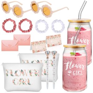 meanplan 16 pcs be my flower girl proposal gifts set flower girl tumbler with straws makeup bag sunglasses hair ring diamond pen envelope card for wedding bridal shower(pink series)