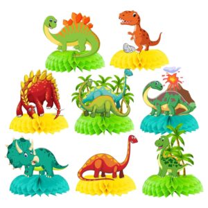 8 pcs dinosaur birthday party decorations supplies for 1 2 3 5 year old girls boys, 7.9inch big honeycomb centerpiece table decorations, multi-colored dinosaurs party favors for kids 4-8 jamonxi