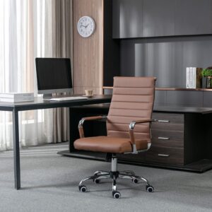 BOWTHY Home Office Chair Ribbed, Modern Leather Conference Room Chairs, Ergonomic Office Desk Chair, High Back Executive Computer Chair, Adjustable Swivel Chair with Arms (Brown)