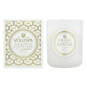 voluspa eucalyptus & white sage, classic boxed candle, 9.5 oz, 60 hour burn time, all natural wicks and coconut wax for clean burning, vegan, poured in the usa