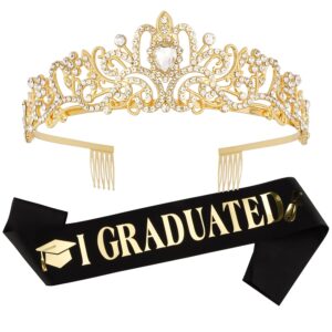 vovii graduation decorations class of 2024, glittered metal graduation princess black graduate sash and gold grad tiara crown class of 2024 for graduation party decorations grad decor favors