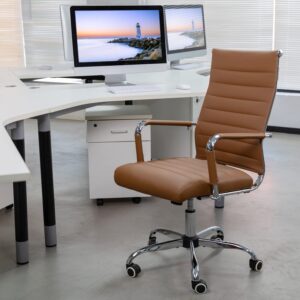 BOWTHY Home Office Chair Ribbed, Modern Leather Conference Room Chairs, Ergonomic Office Desk Chair, High Back Executive Computer Chair, Adjustable Swivel Chair with Arms (Brown)