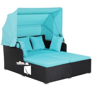 salches outdoor daybed, patio daybed with retractable canopy, high-resilient soft cushions, foldable side trays, outdoor bed loveseat for garden, backyard, porch (turquoise)